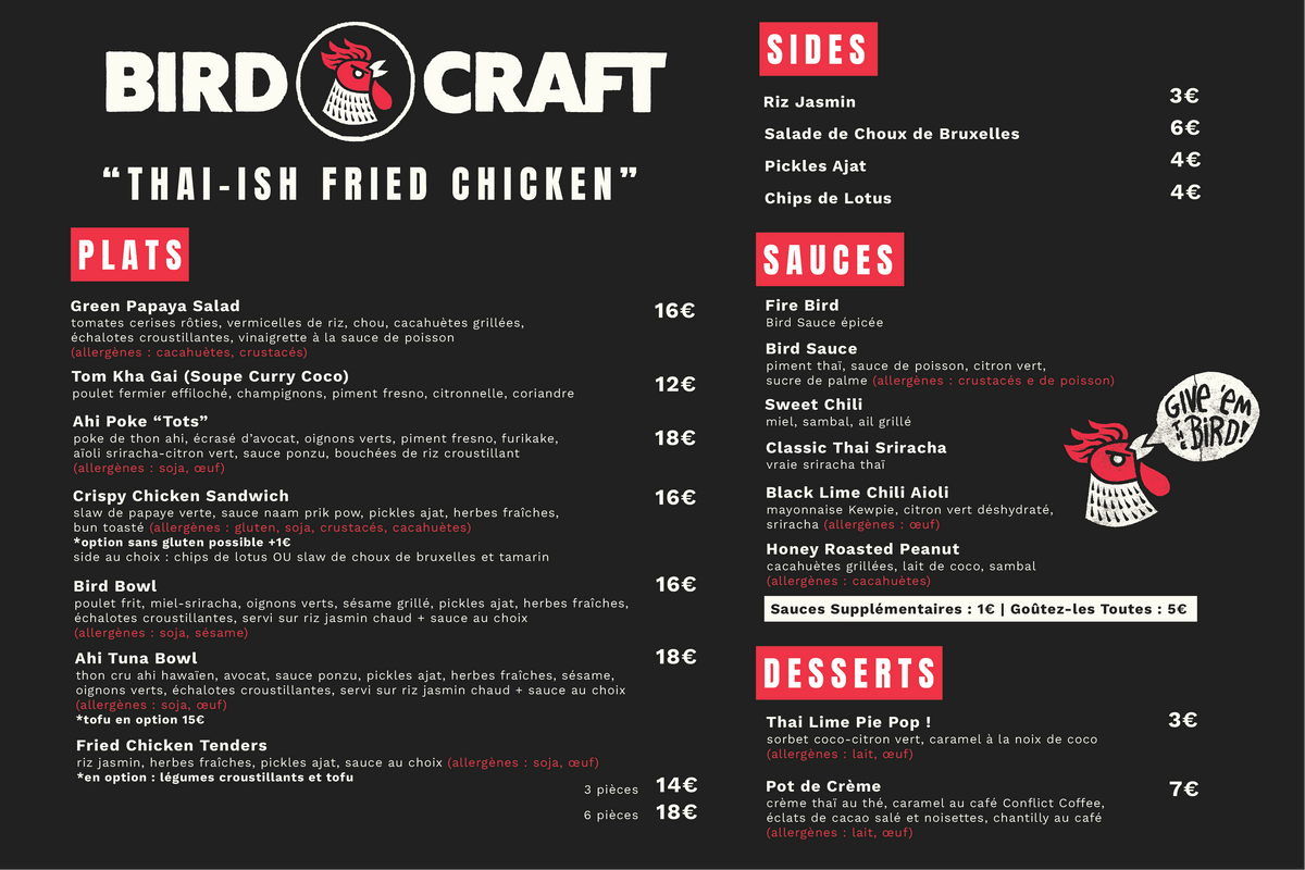 Menu de Bird Craft | ORB Alps